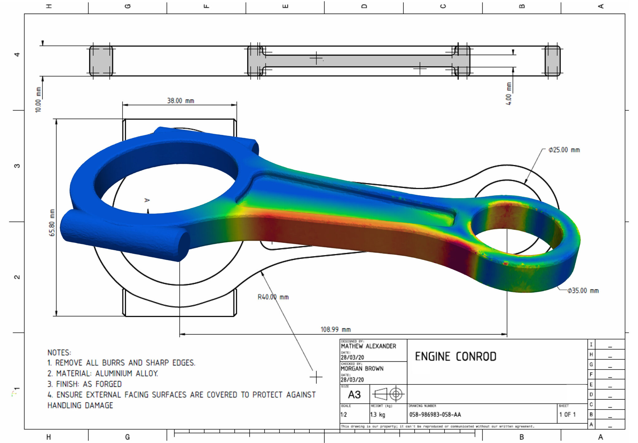 3D Illustration. Side on view Von Mises engineering stress plot of an ...